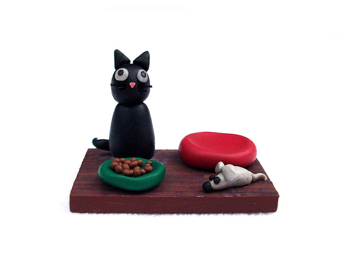 Black Cat Figurine, Handmade Polymer Clay Miniature Ooak Cat Sculpture ...